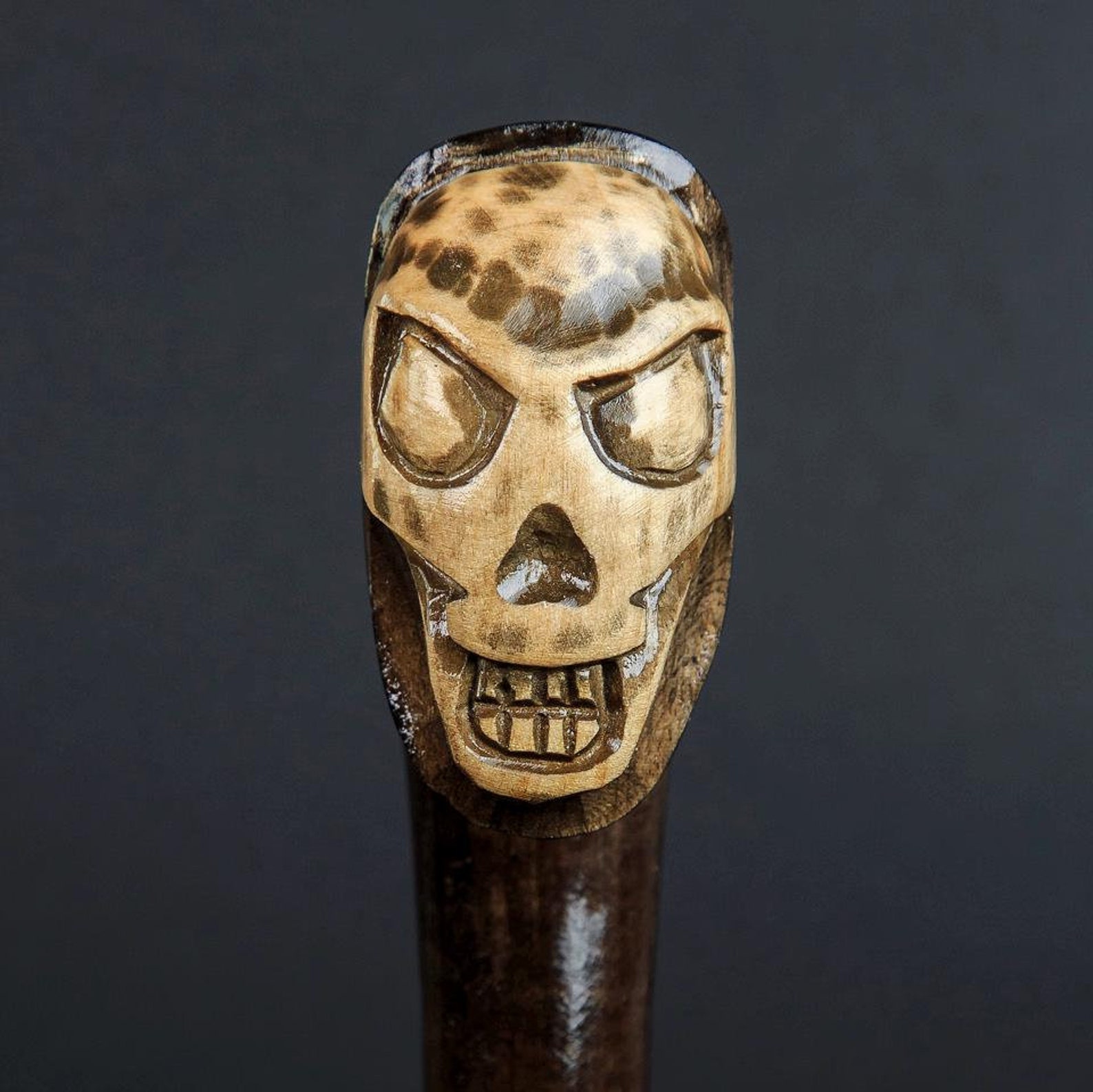 Skull Design Hand Carved Wooden Walking Cane | Gothic Linden Wood Stick ...