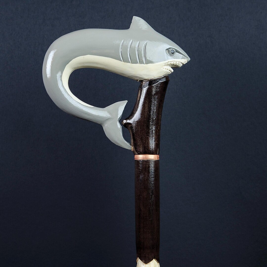 Hand-carved Shark Walking Cane – Unique Wooden Walking Stick for Men ...