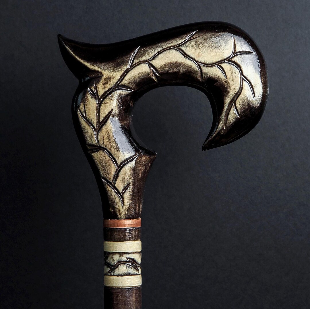 Hand-carved Wooden Walking Cane – Unique Spiral Design, Elegant Artisan ...