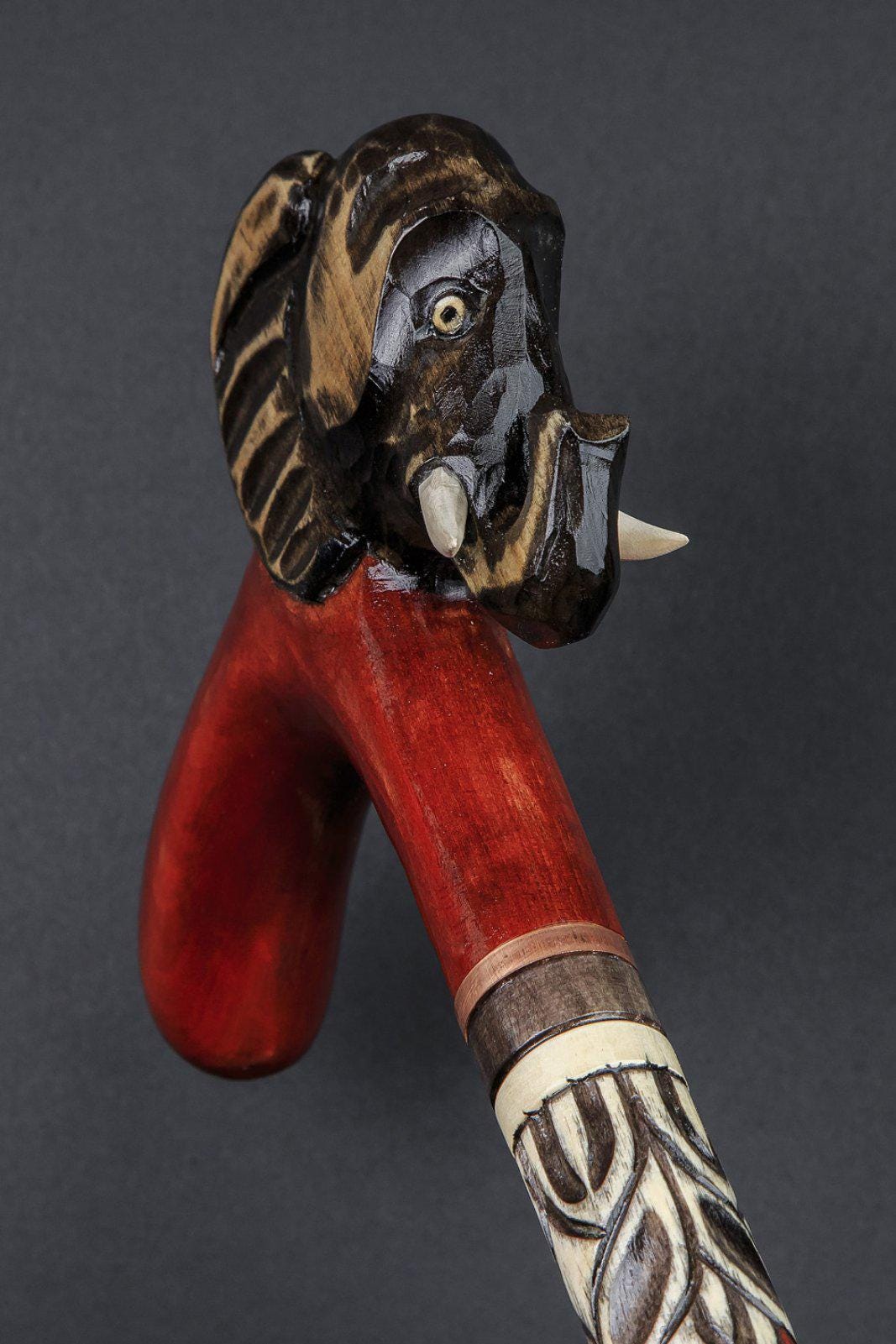 Elephant Design Hand Carved Wooden Walking Cane | Artisan Linden Wood ...