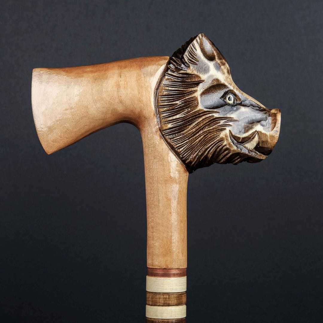 Hog Carved Wooden Walking Cane | Artisan Walking Stick for Men and ...