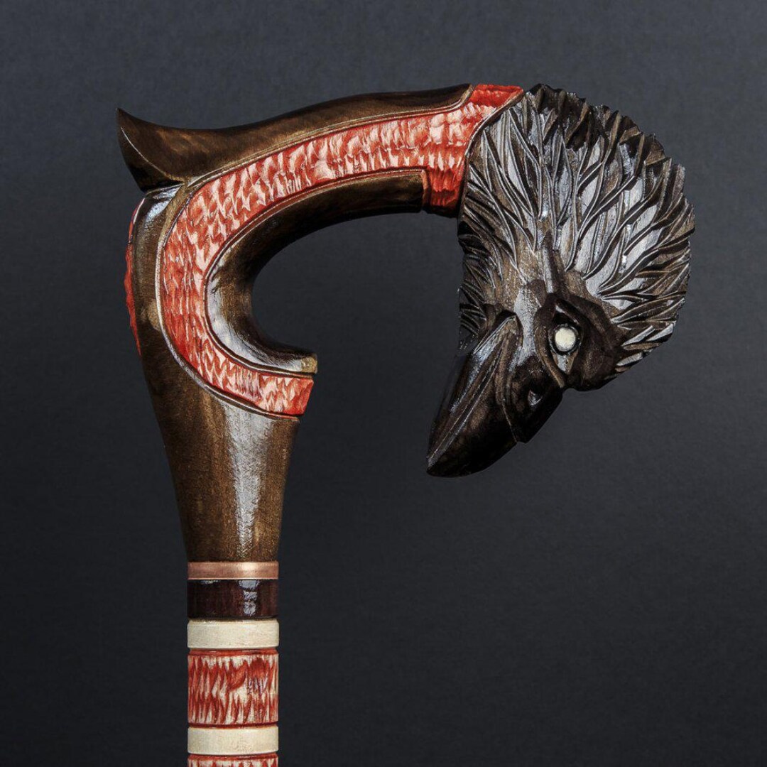 Black Crow Artisan-crafted Wooden Walking Cane | Beautifully Carved ...