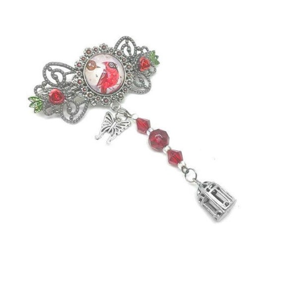 Red Bird Barrette With Butterfly and Birdcage Cardinal | Etsy