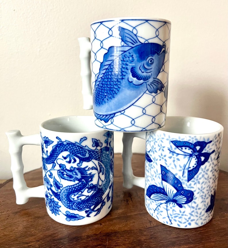 Asian Chinese Dragon Koi Fish Butterfly Butterflies 8oz Mug White Blue ...