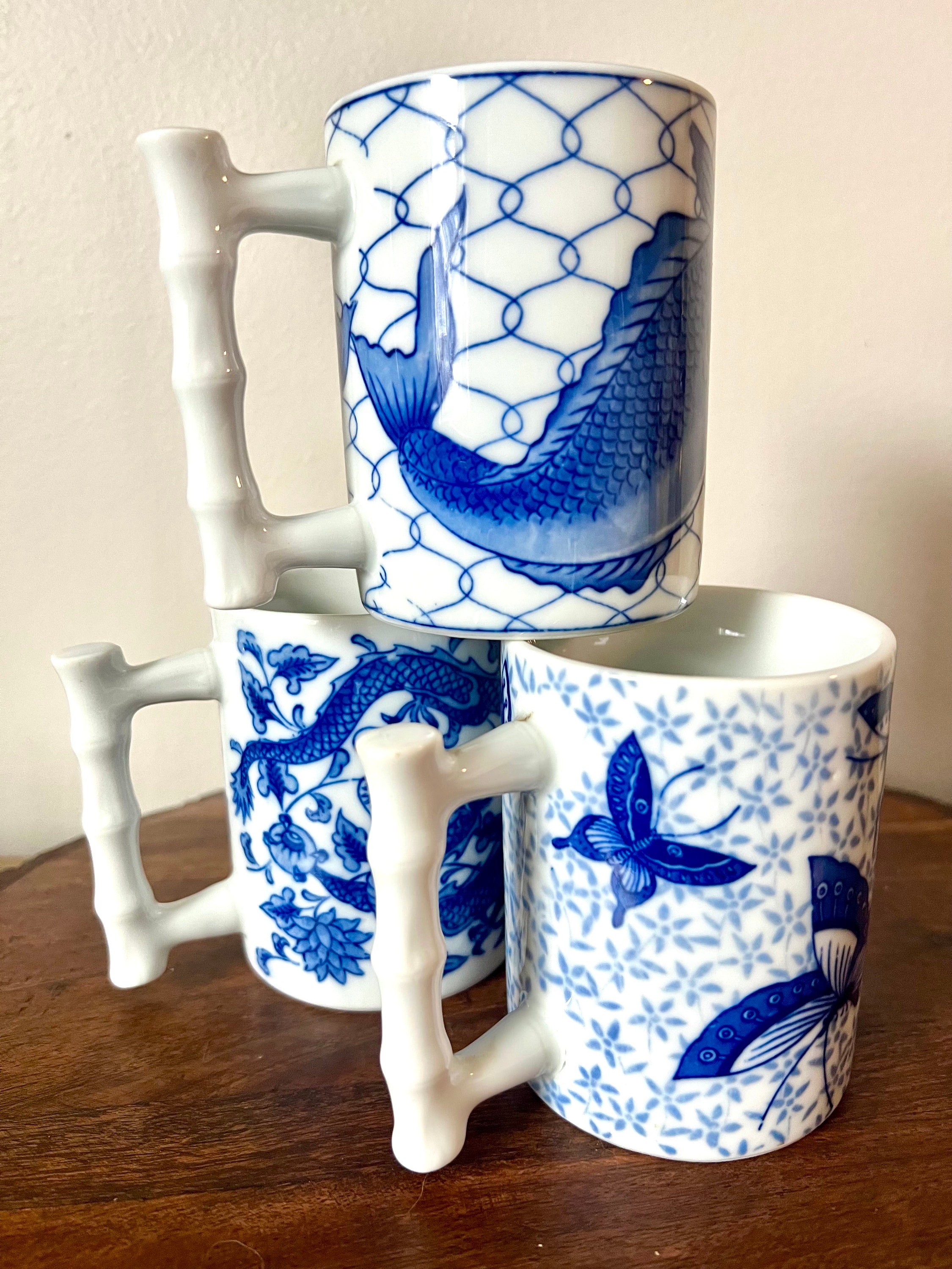 Asian Chinese Dragon Koi Fish Butterfly Butterflies 8oz Mug White Blue ...