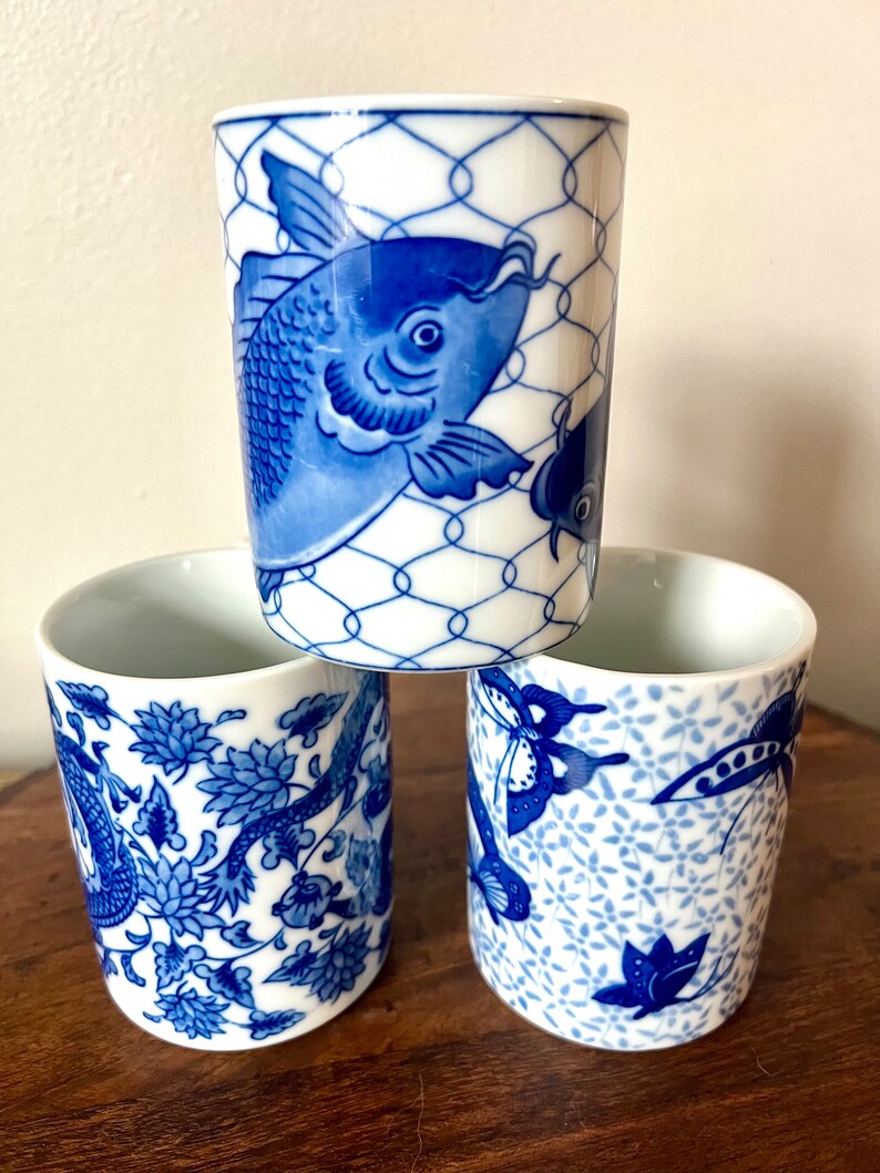 Asian Chinese Dragon Koi Fish Butterfly Butterflies 8oz Mug White Blue ...