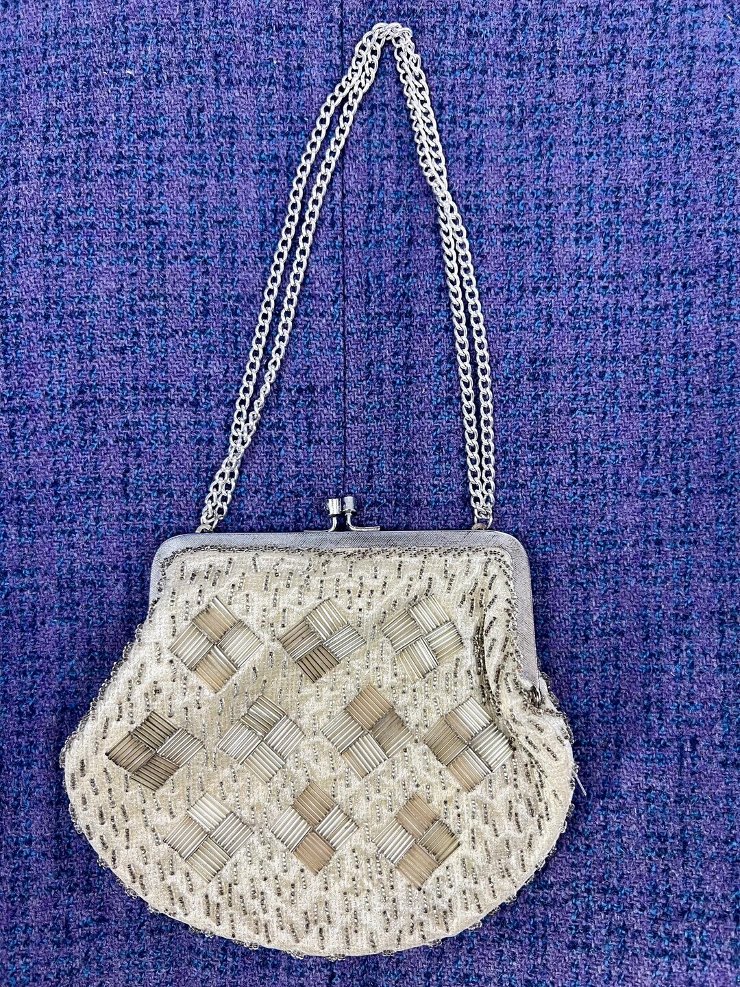 Vintage Made in Hong Kong Bugle Seed Beads Silver Evening Bag Purse ...