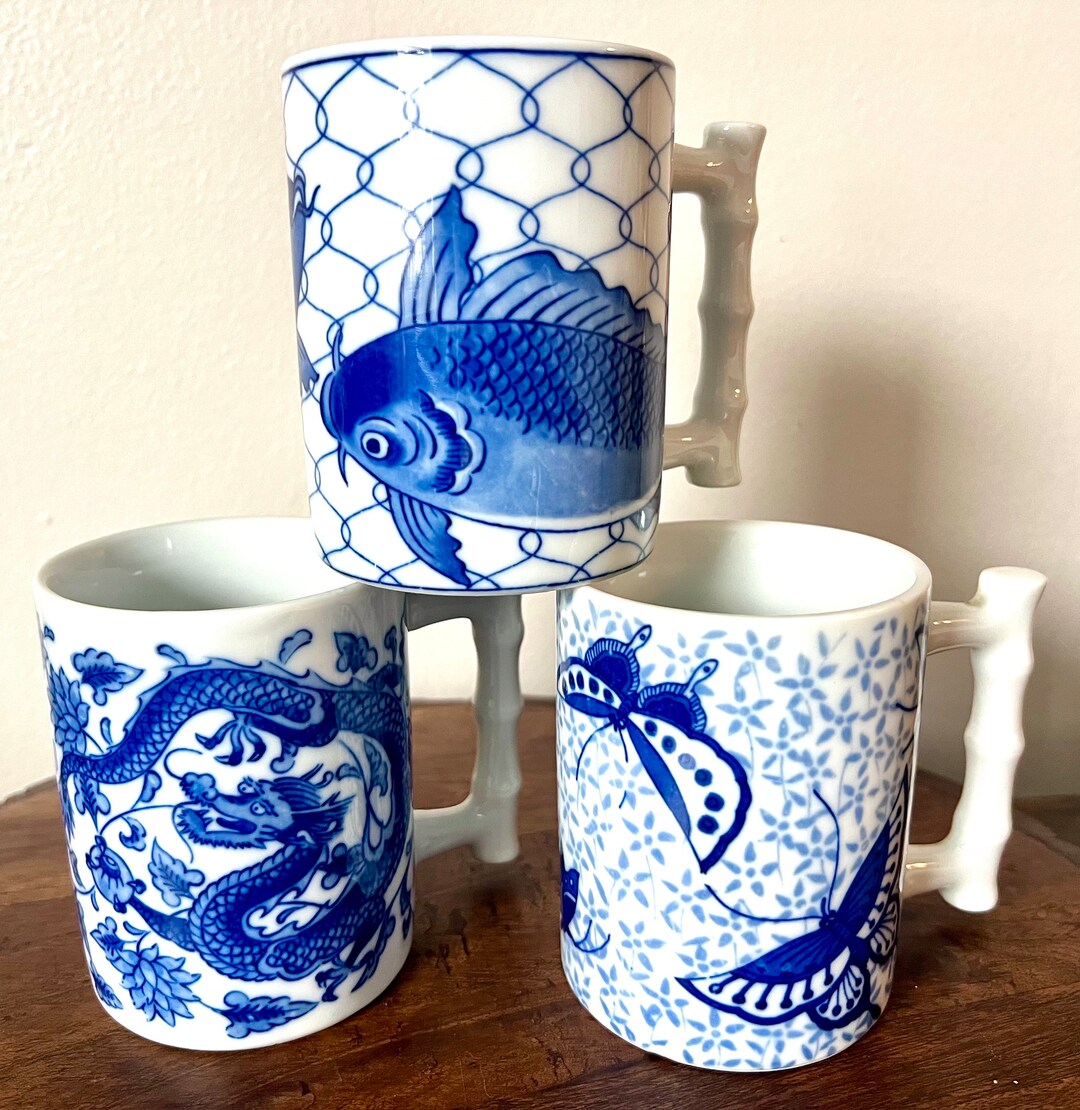 Asian Chinese Dragon Koi Fish Butterfly Butterflies 8oz Mug White Blue ...