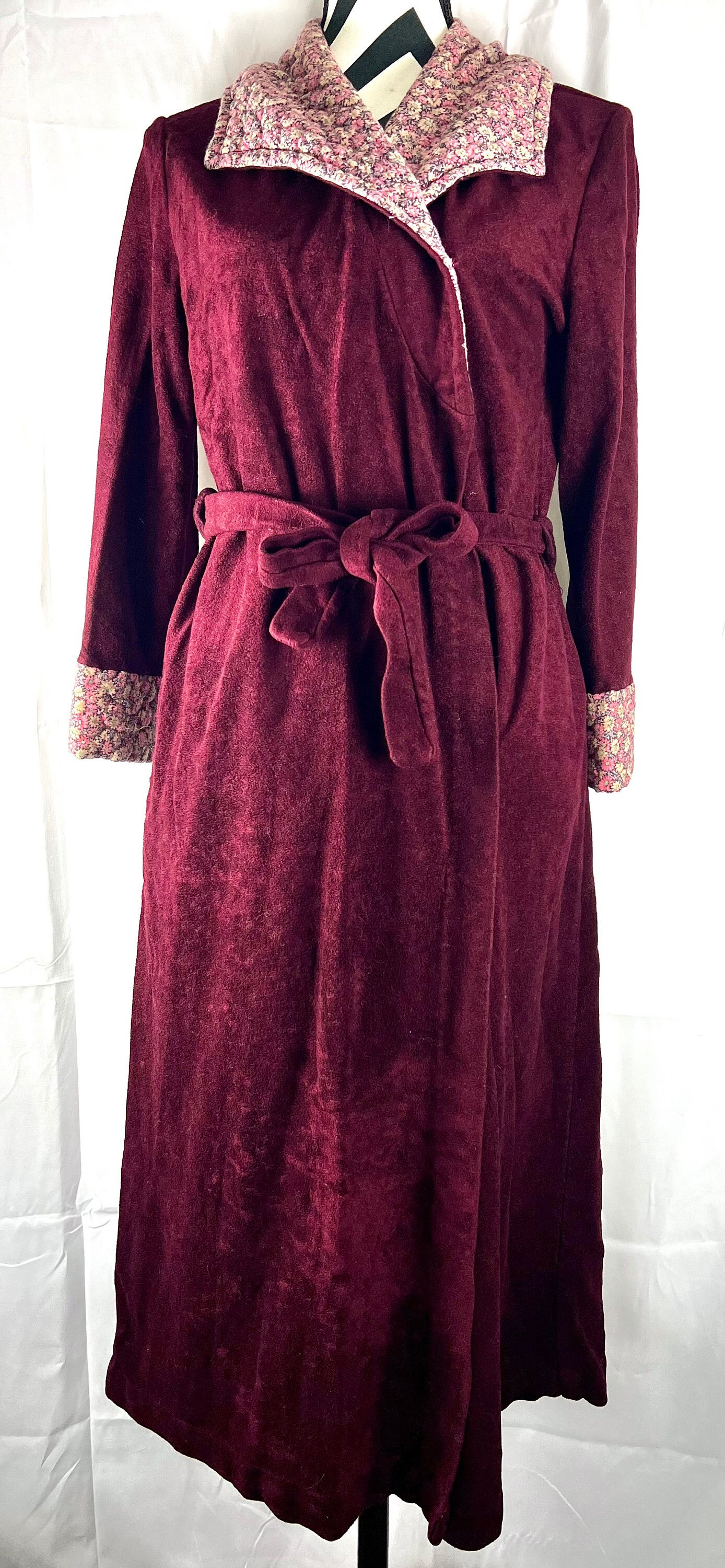 Vintage PM 50s 60s Terrycloth Bathrobe Quilted Floral Burgundy Wine Red ...