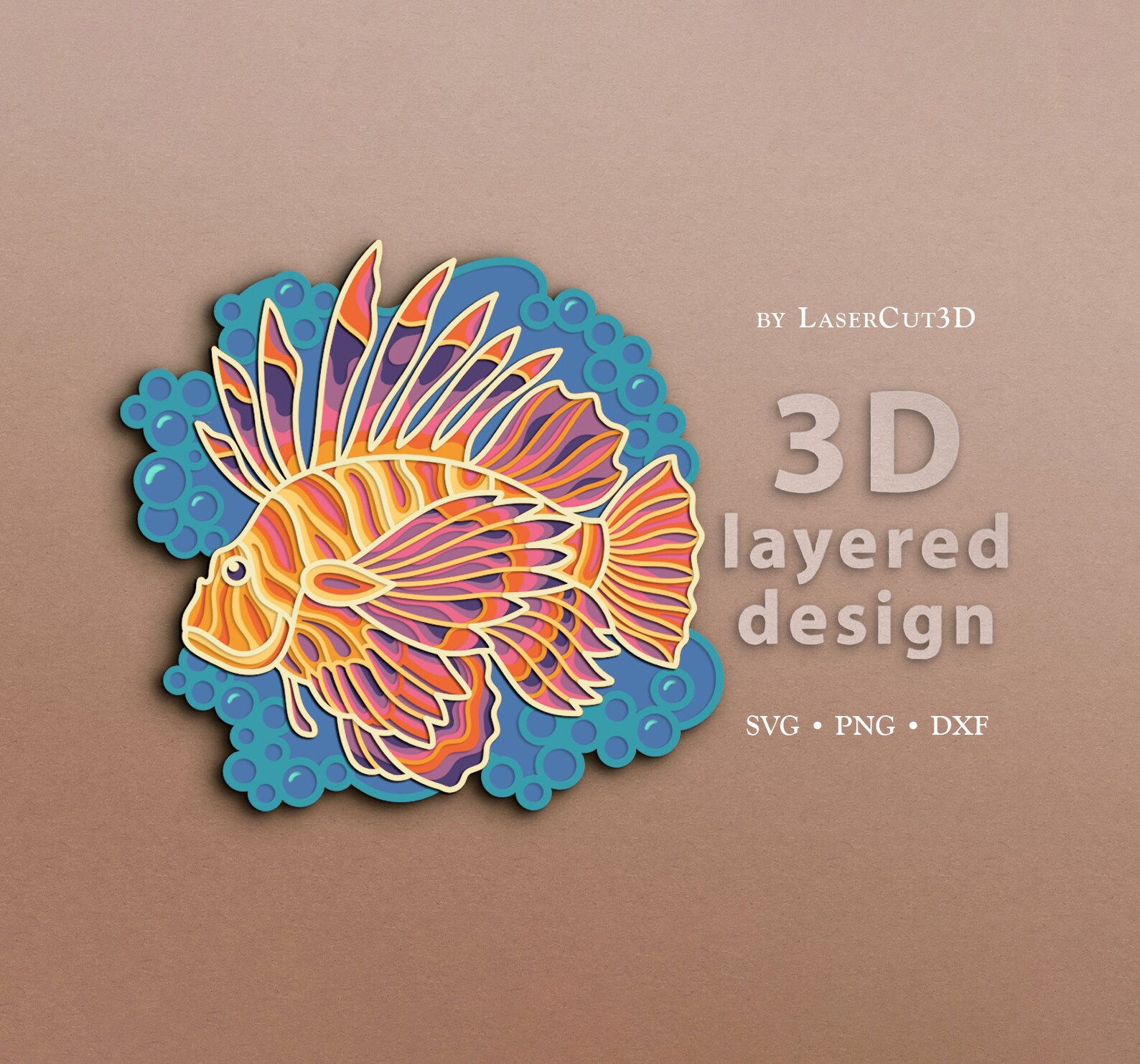Lionfish 3d Svg. Layer SVG PNG DXF for Paper Cut, Laser Cut, Plywood ...