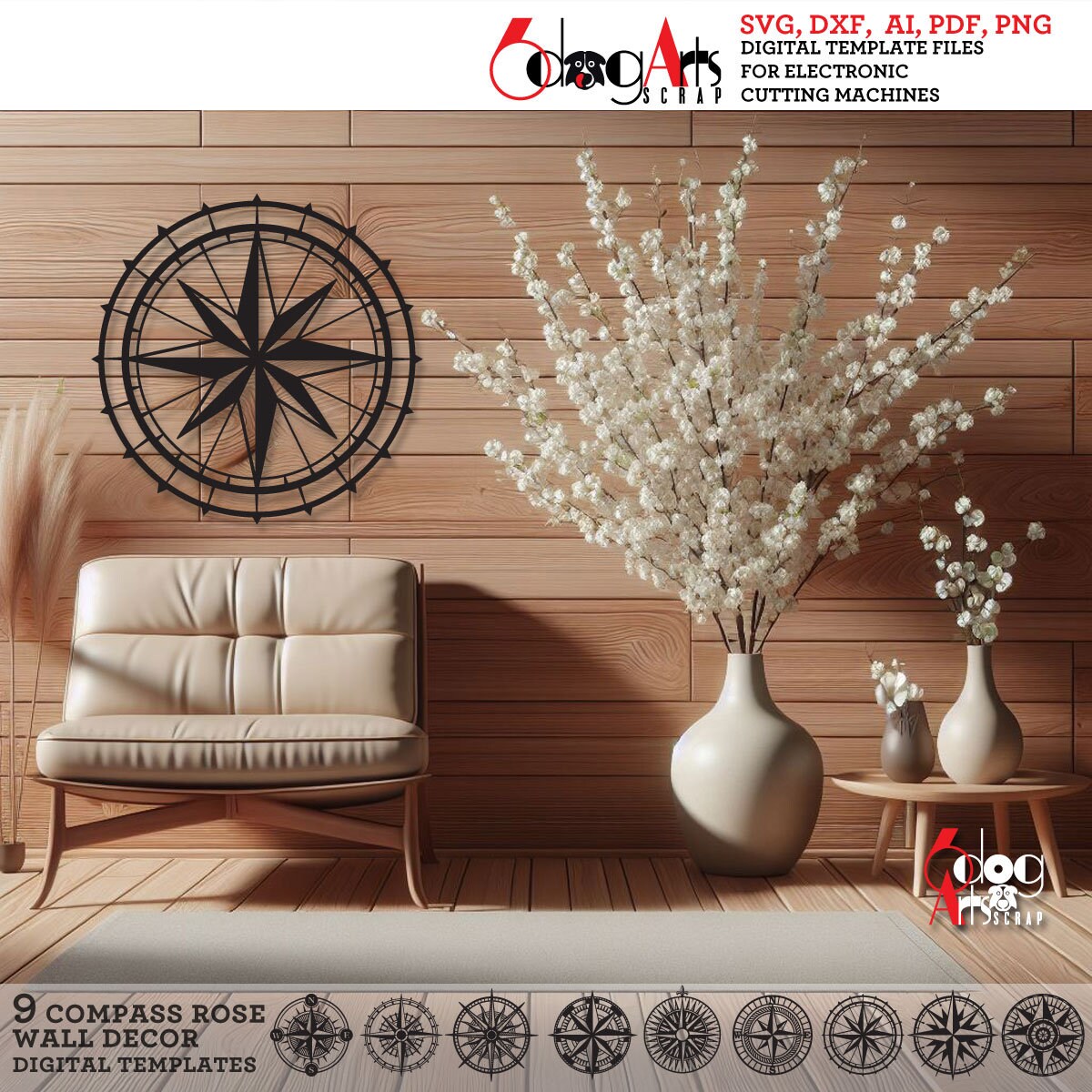 9x Compass Rose Wall Decor SVG DXF Templates Digital Vector Files ...