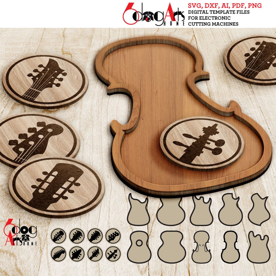 Music Layered SVG DXF Templates - Guitar, Violin Tray, Coaster Digital ...