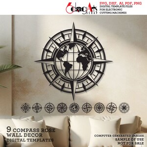 9x Compass Rose Wall Decor SVG DXF Templates Digital Vector Files ...
