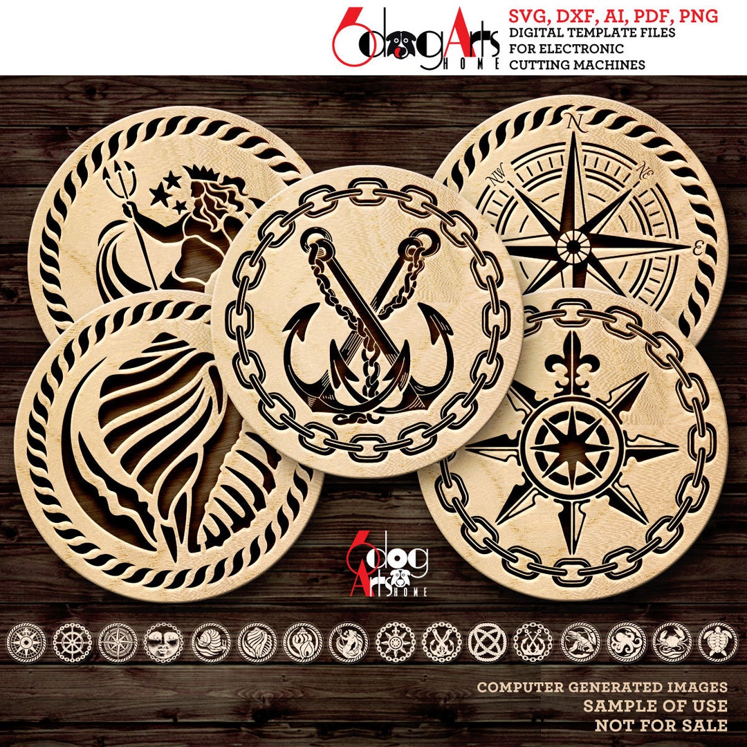 16 Nautical Coaster Trivet Home Decor Templates Vector Digital SVG DXF ...