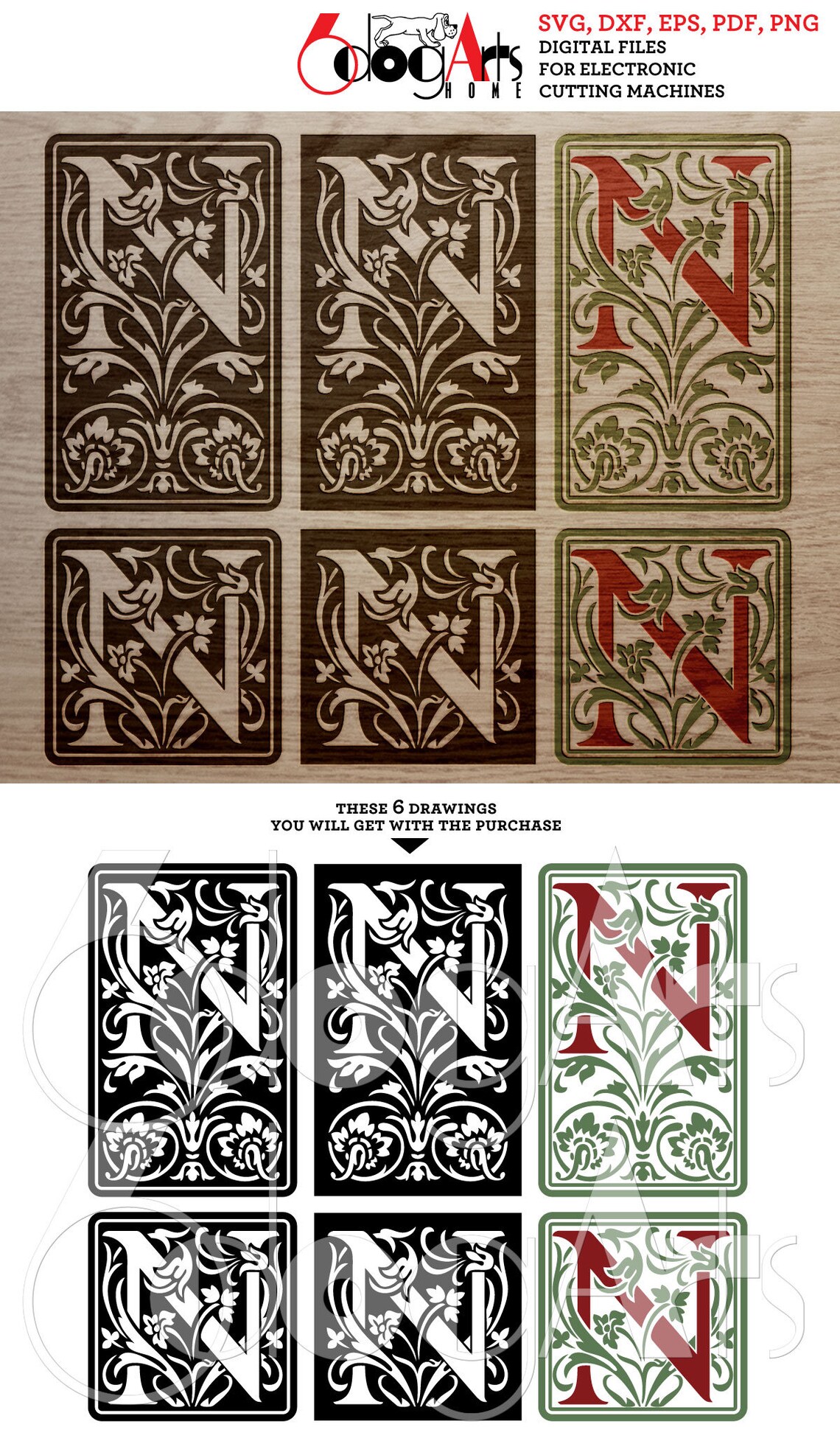 Paquete de 6 plantillas SVG/DXF de monograma con la letra N. Descarga ...
