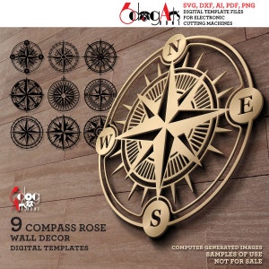 9x Compass Rose Wall Decor SVG DXF Templates Digital Vector Files ...