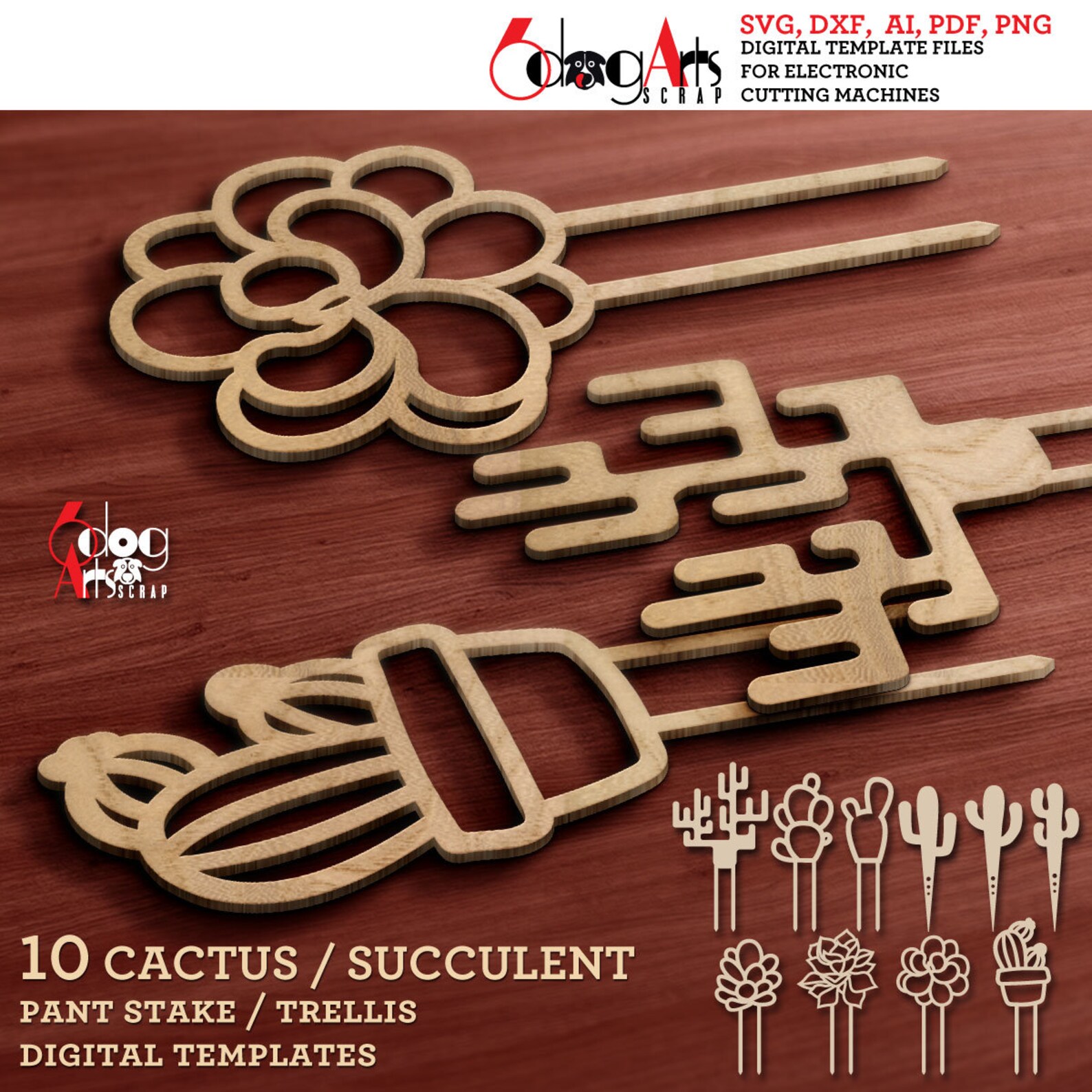 10 Cactus Garden Trellis Stake Digital Templates Vector SVG DXF Files ...