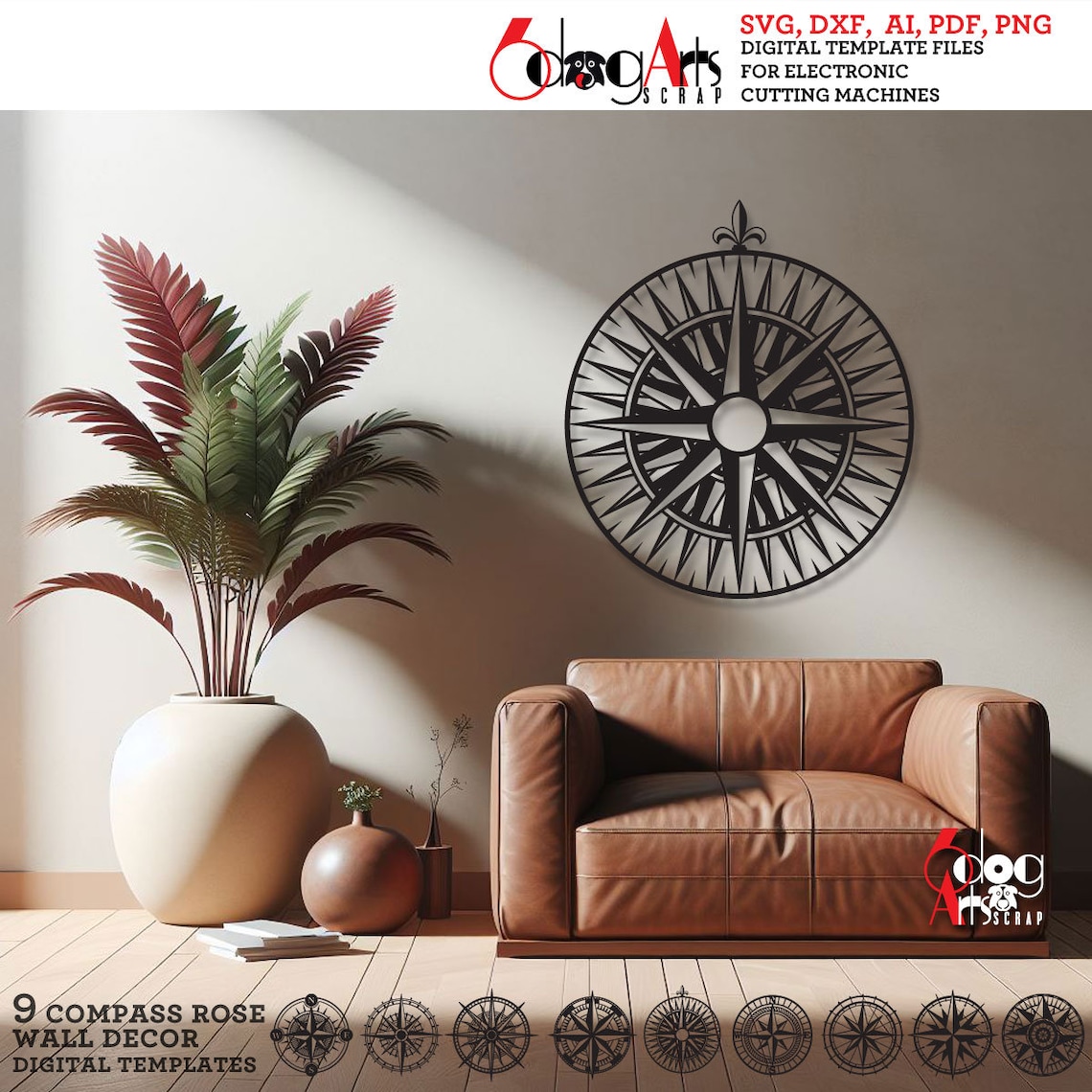 9x Compass Rose Wall Decor SVG DXF Templates Digital Vector Files ...