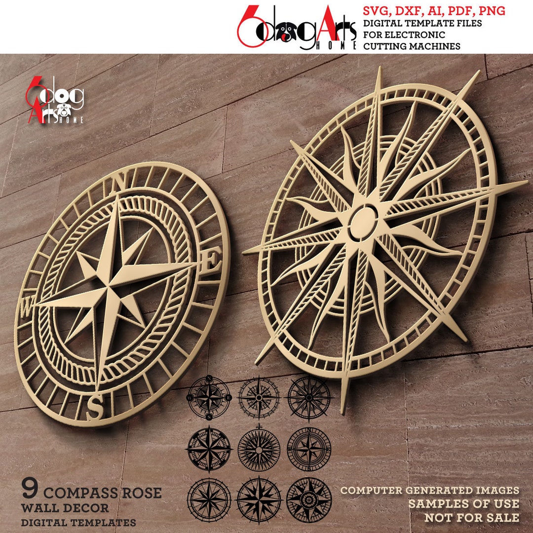 9x Compass Rose Wall Decor SVG DXF Templates Digital Vector Files ...