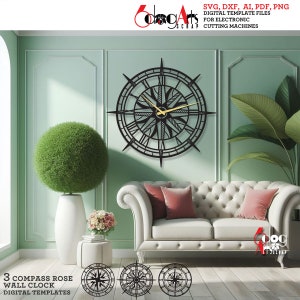 3x Compass Rose Wall Clock SVG DXF Templates Digital Vector Files ...