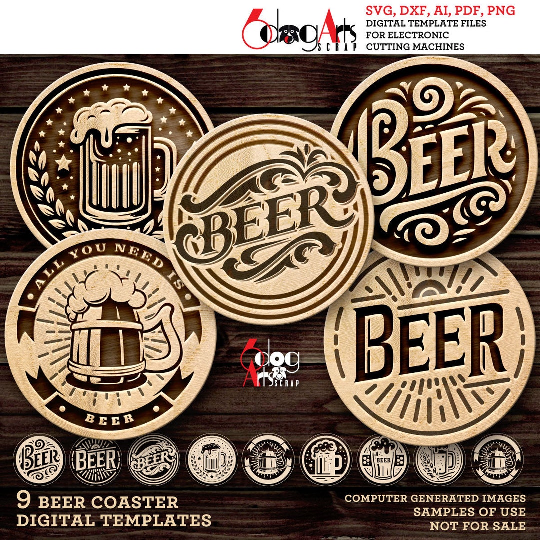9 Beer Drinking Coaster Trivet Wall Decor Templates Vector Digital SVG ...