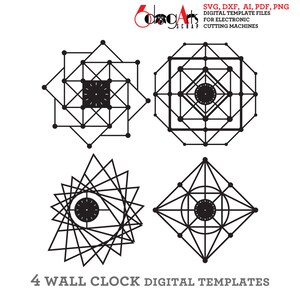 4 Geometric Wall Clock Face SVG DXF Templates Digital Vector Files ...