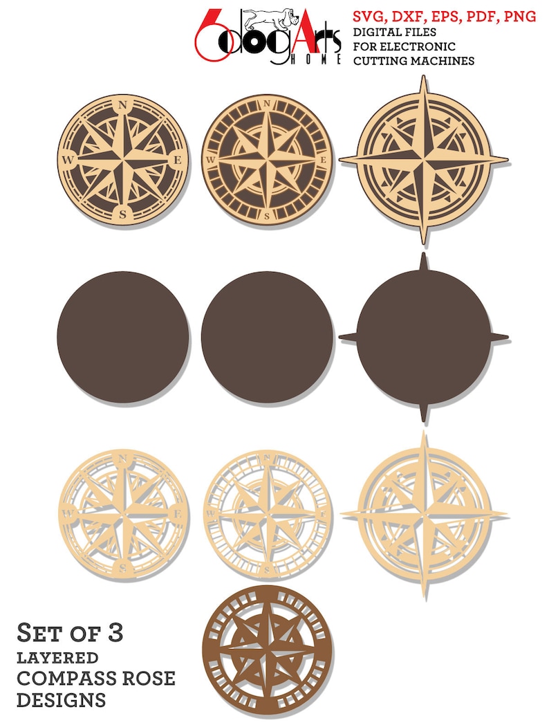 Layered Compass Rose Digital Templates (set of 3) SVG DXF Files Wood ...