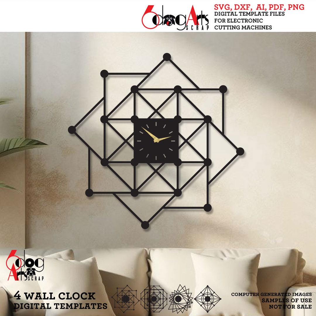 4 Geometric Wall Clock Face SVG DXF Templates Digital Vector Files ...