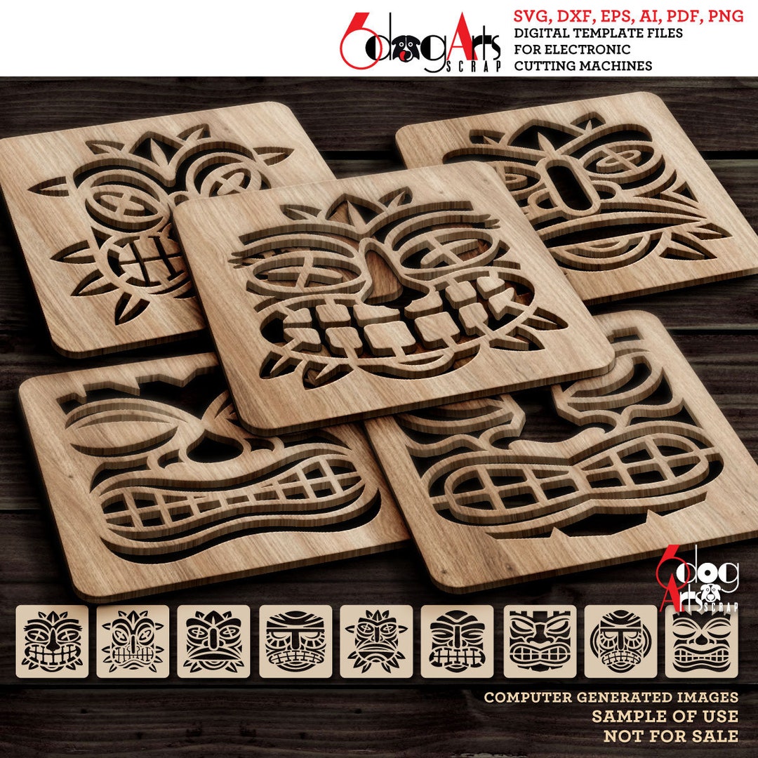 9 Hawaii Polynesian Tiki Coaster Wall Decor Templates Vector Digital ...