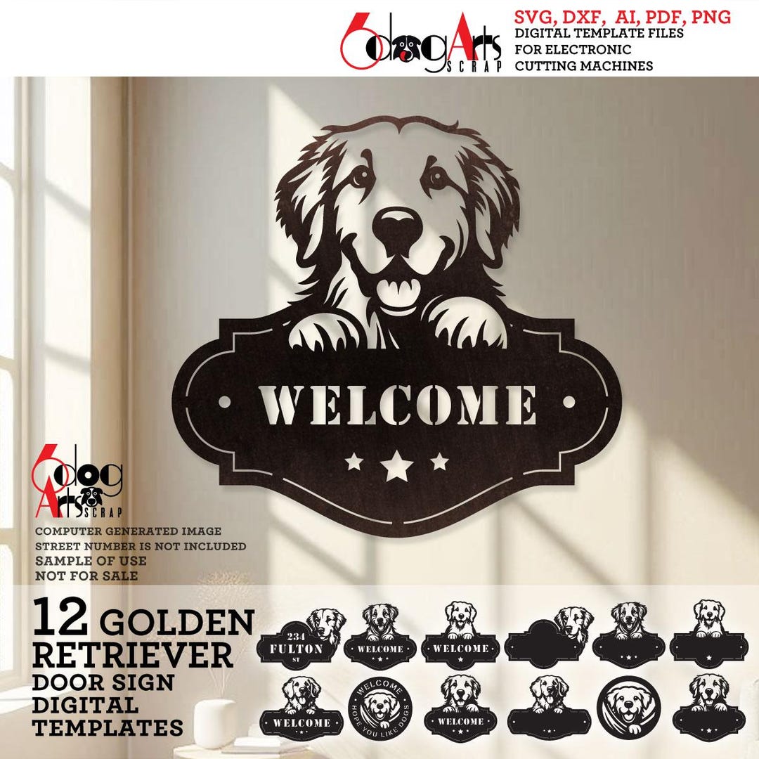 12x Golden Retriever Welcome Sign Digital Templates Vector SVG DXF ...