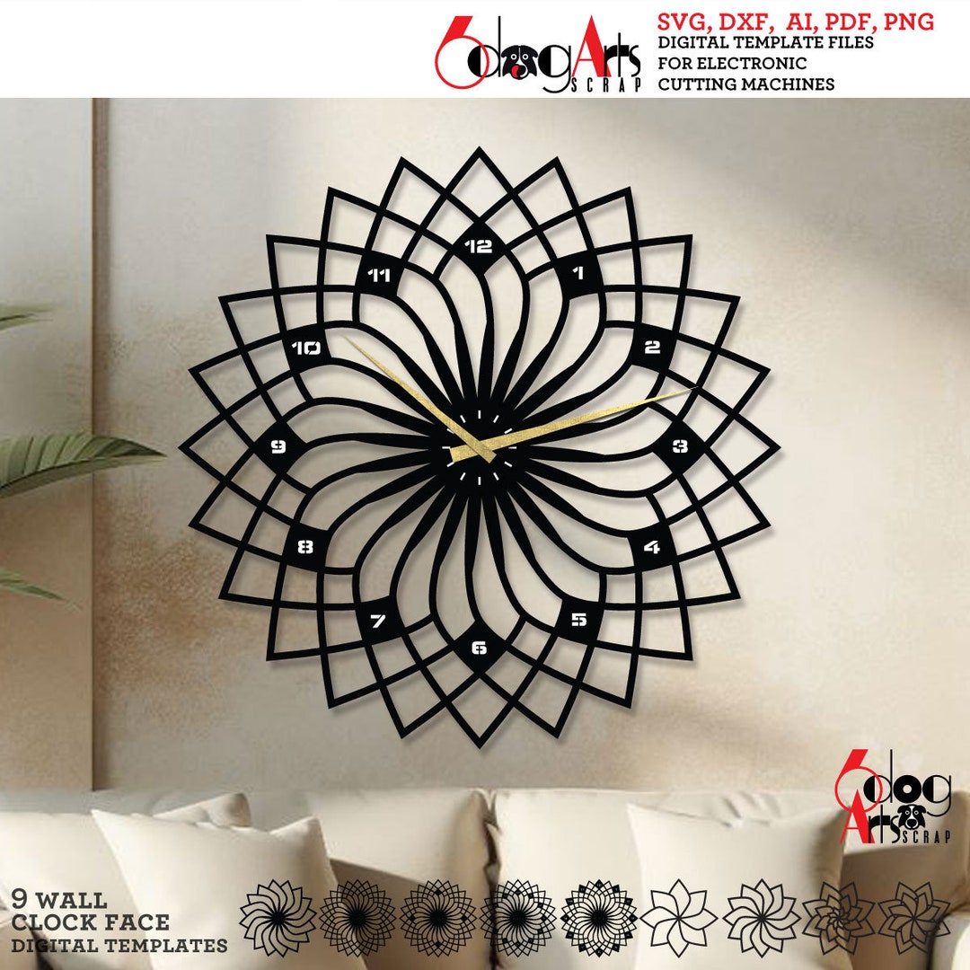 9 Geometric Wall Clock Face SVG DXF Templates Digital Vector Files ...
