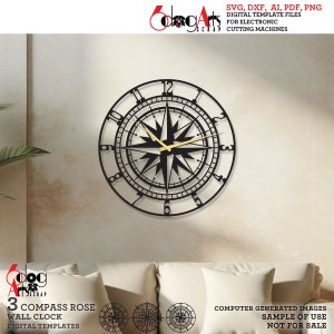 3x Compass Rose Wall Clock SVG DXF Templates Digital Vector Files ...