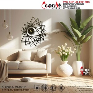 4 Geometric Wall Clock Face SVG DXF Templates Digital Vector Files ...