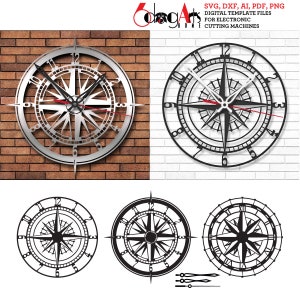 3x Compass Rose Wall Clock SVG DXF Templates Digital Vector Files ...