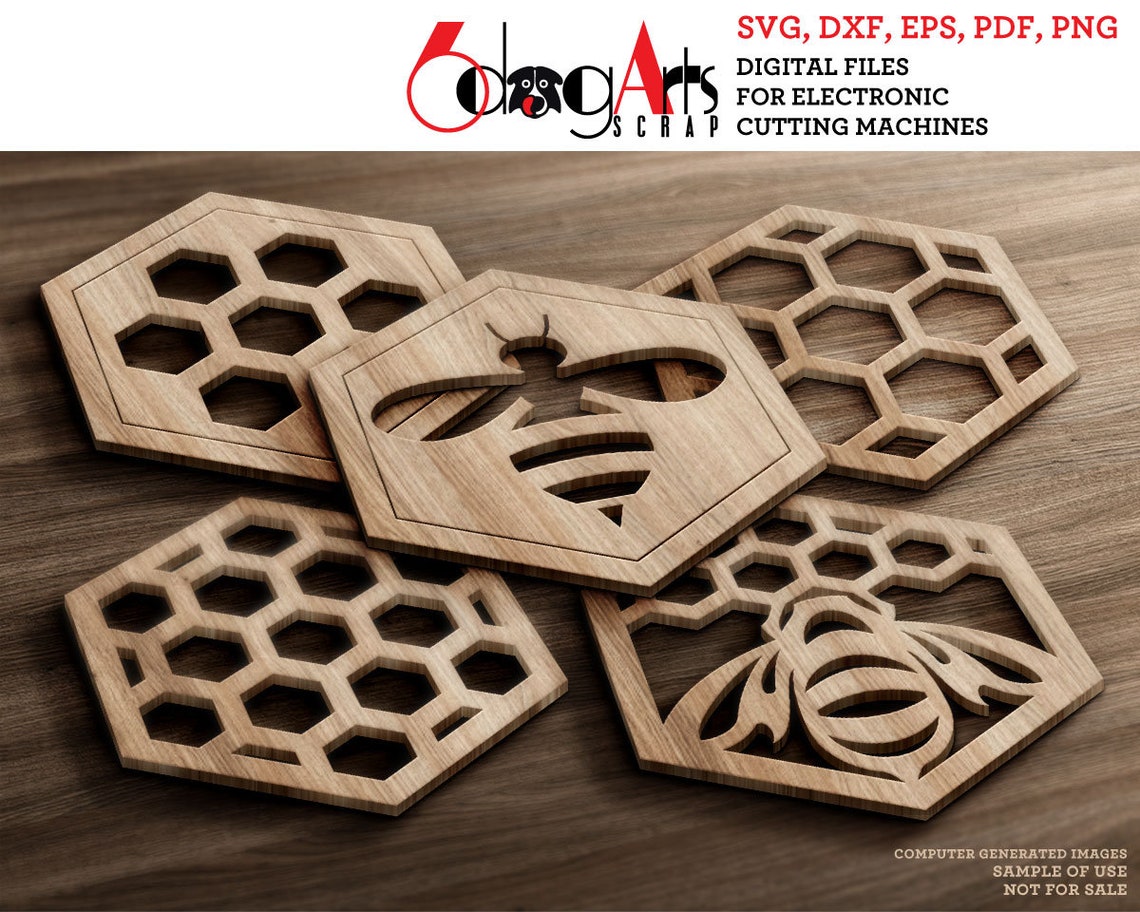 12 Bee Hexagonal Coaster Grill Trivet Templates Vector Digital SVG DXF ...