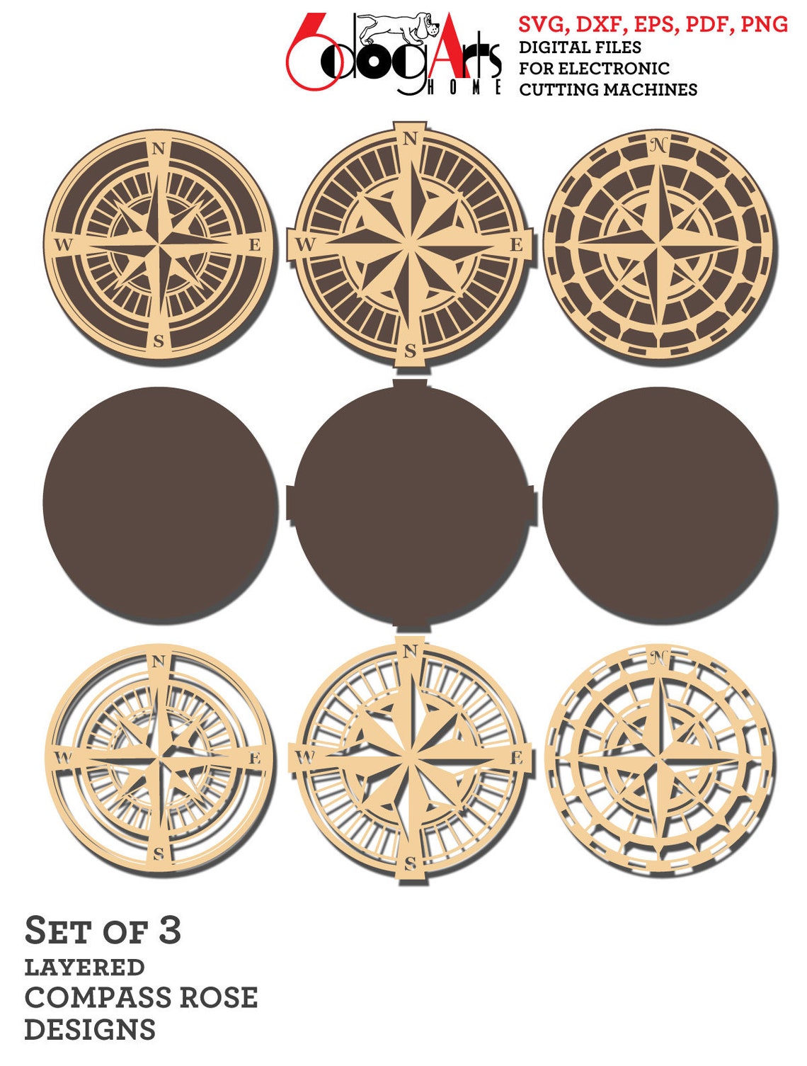 Layered Compass Rose Digital Templates (set of 3) SVG DXF Files Wood ...