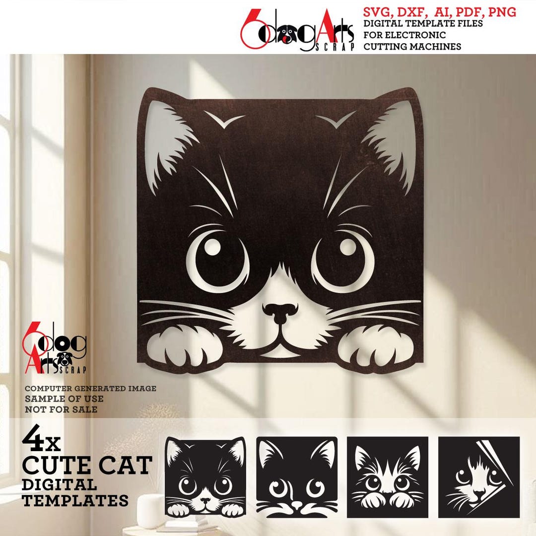 4x Cute Cat Wall Decor Digital Templates SVG DXF Vector Files Instant ...