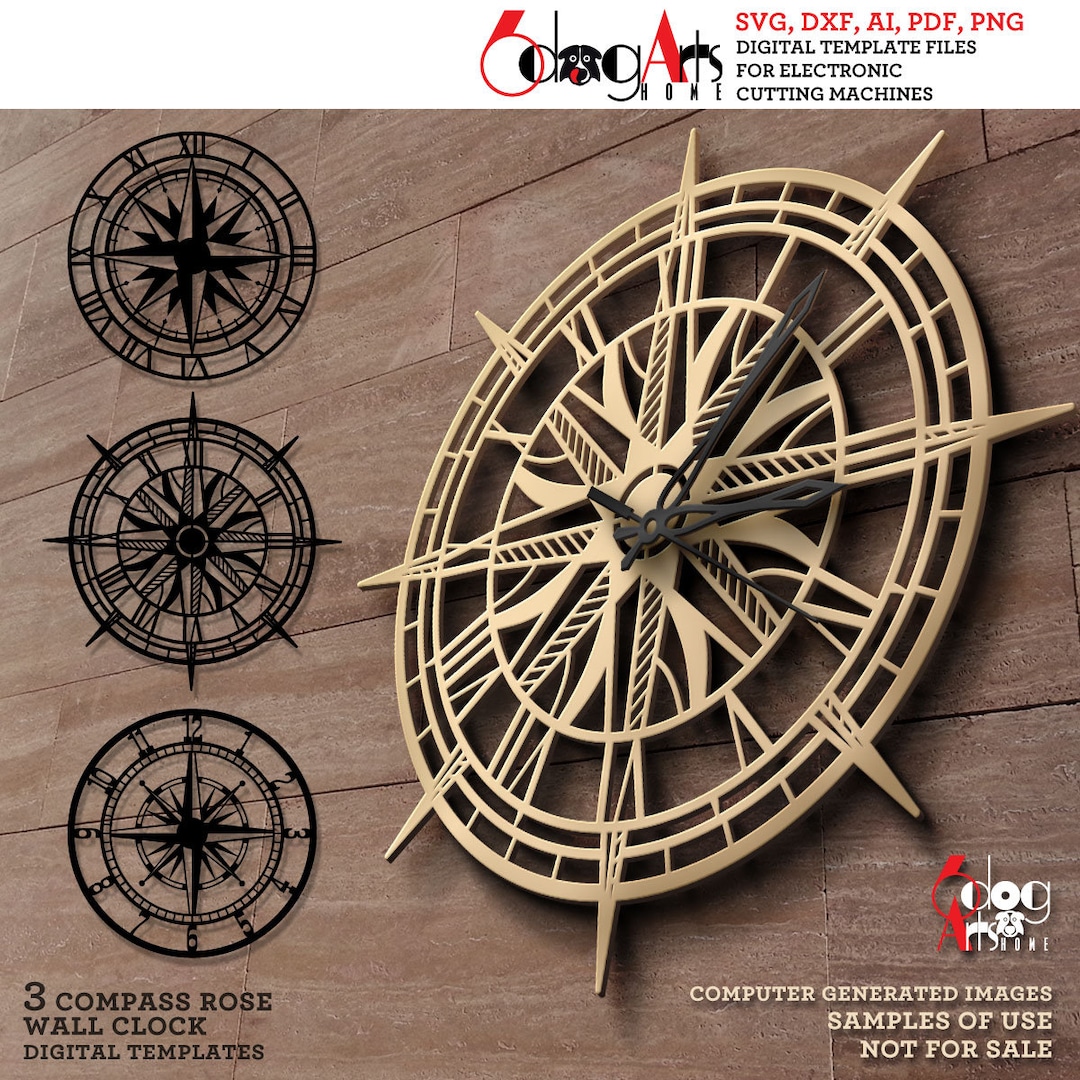 3x Compass Rose Wall Clock SVG DXF Templates Digital Vector Files ...