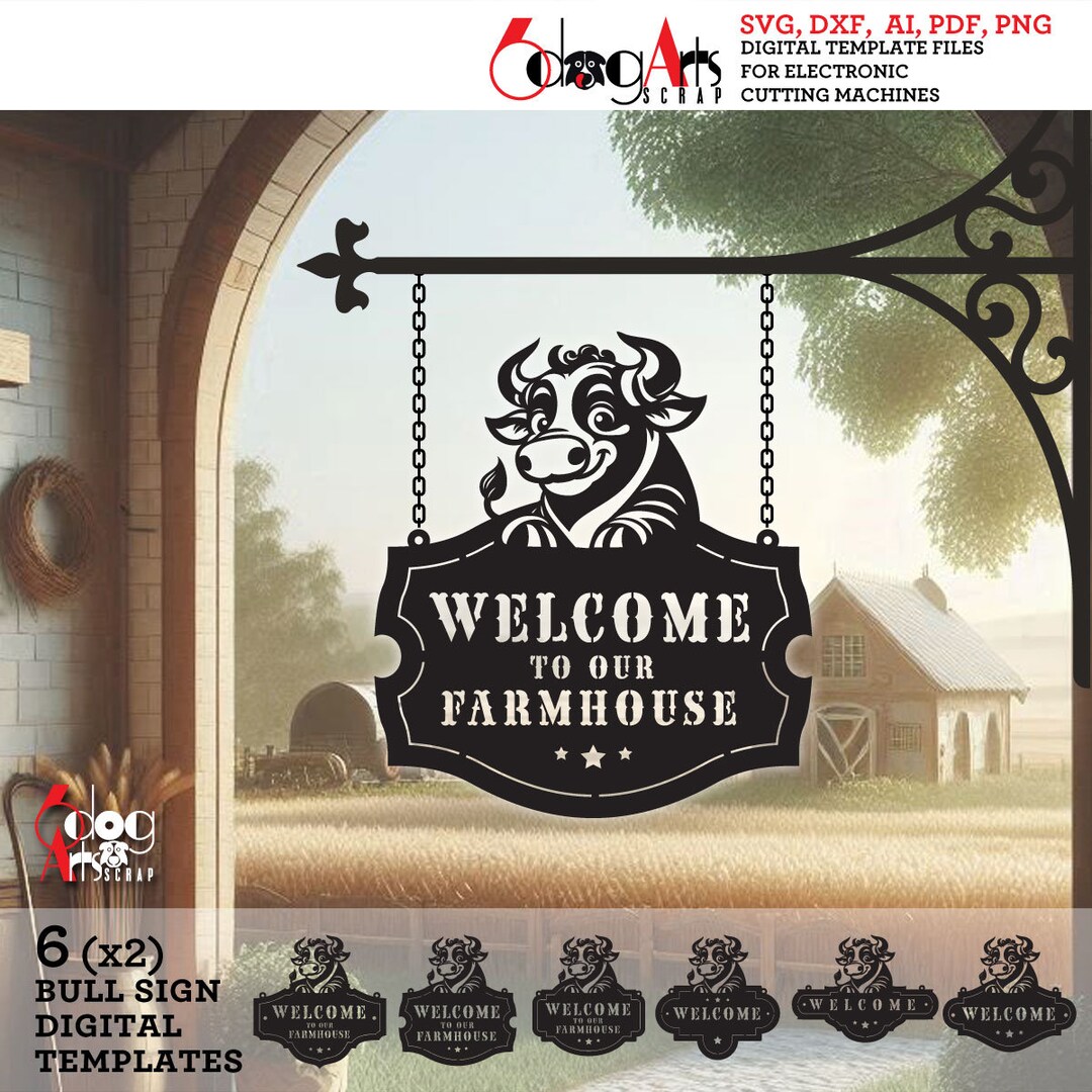 6 (x2) Bull Welcome Sign Digital Templates Vector SVG DXF Files Instant ...