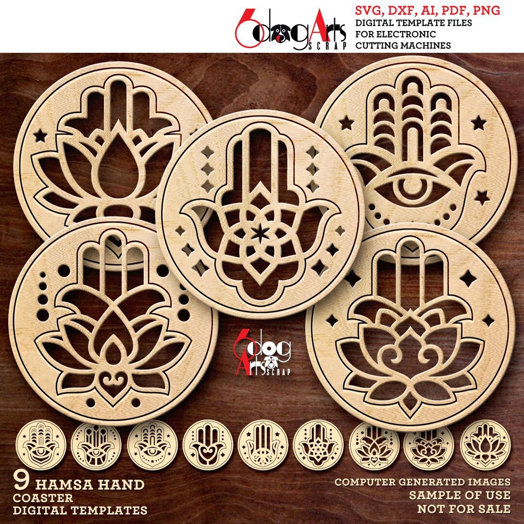 9 Hamsa Hand Coaster SVG DXF Digital Templates Laser Cutting Engraving ...