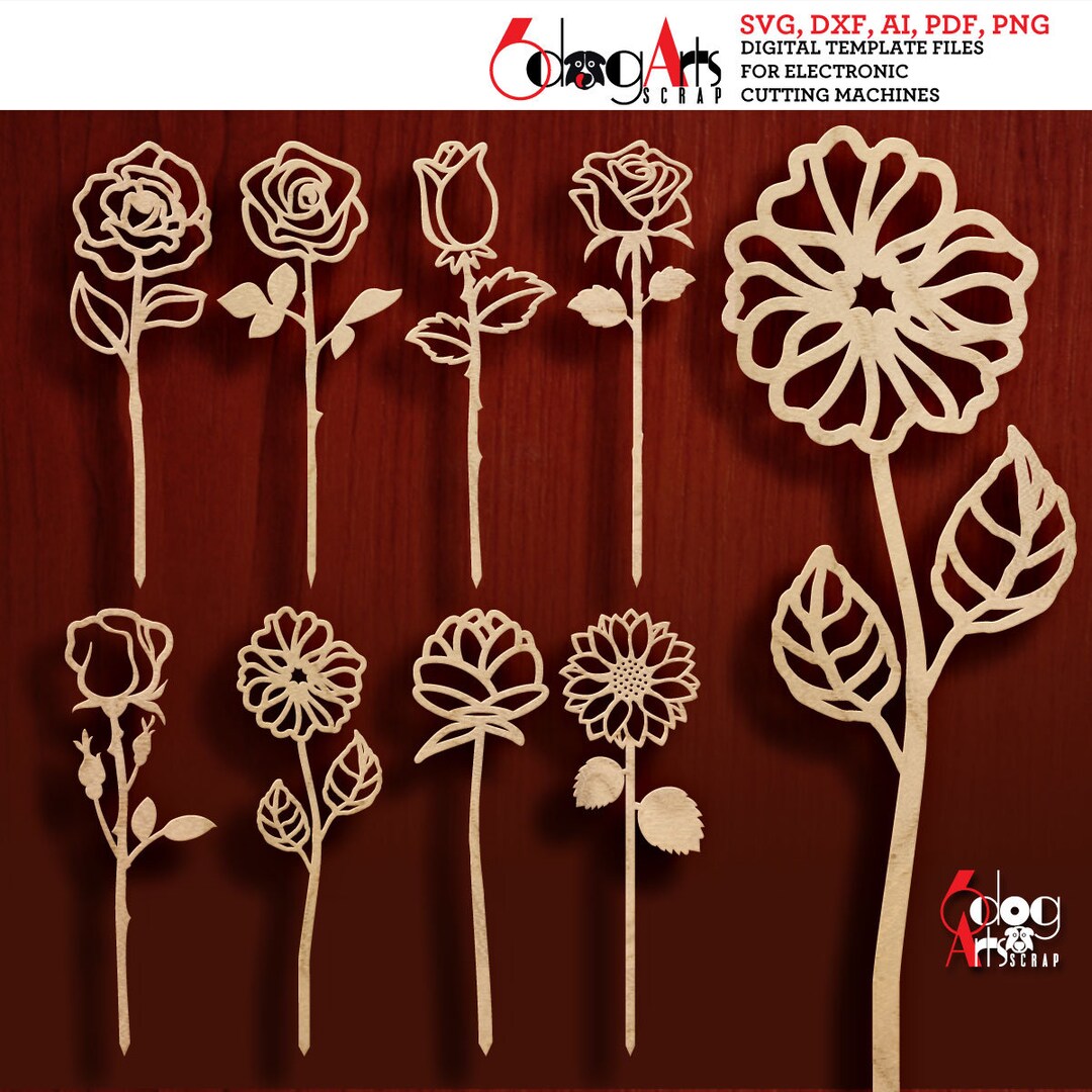 8 Flower Garden Stake Digital Templates Vector SVG DXF Files Glowforge ...