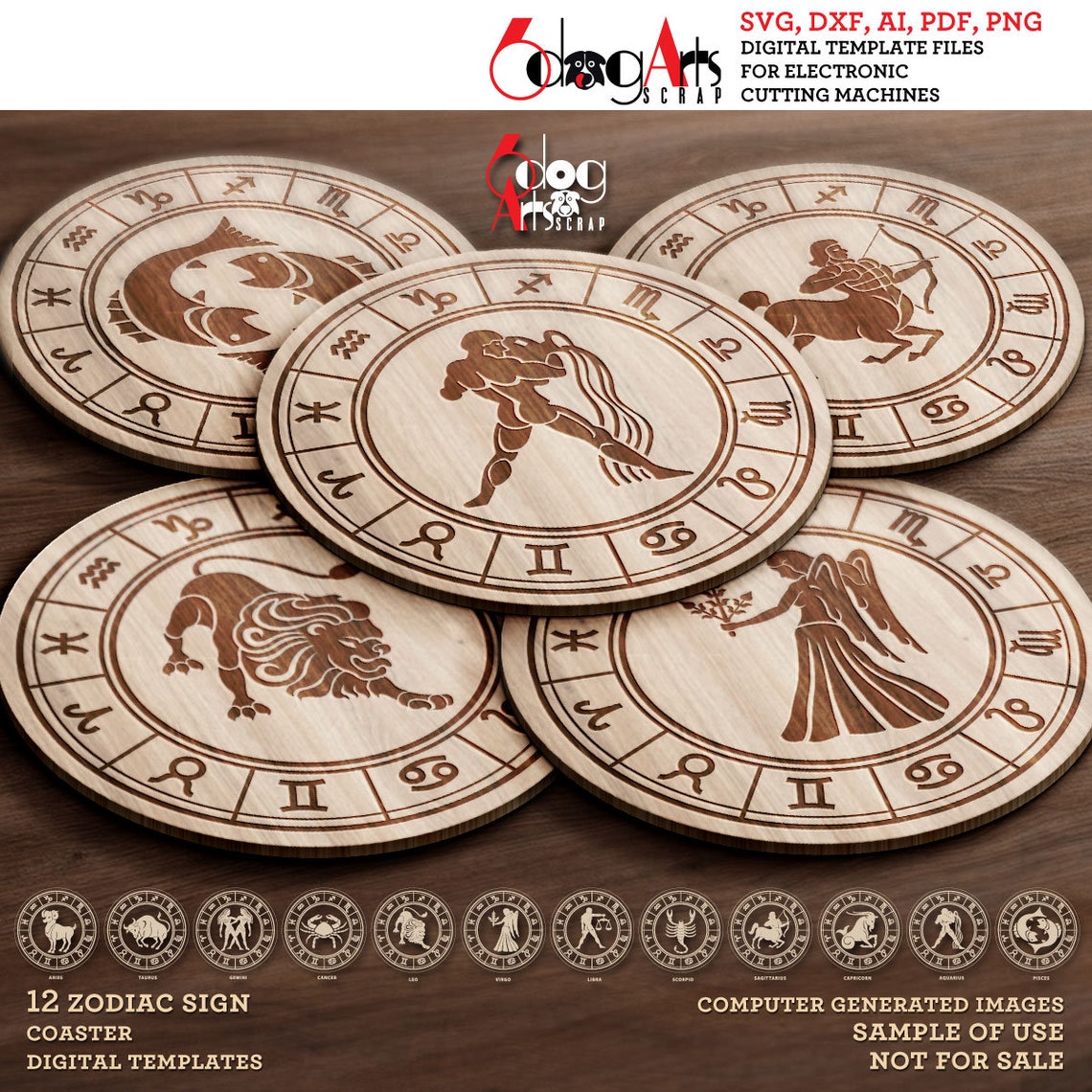 12 Zodiac Sign Horoscope Coaster Wall Decor Templates Digital SVG DXF ...