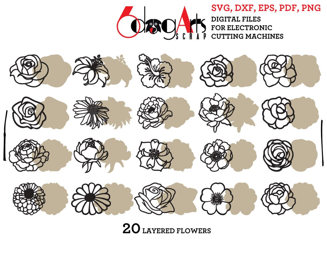20 Flowers Layered Templates Digital SVG DXF Files for Laser / Cricut ...