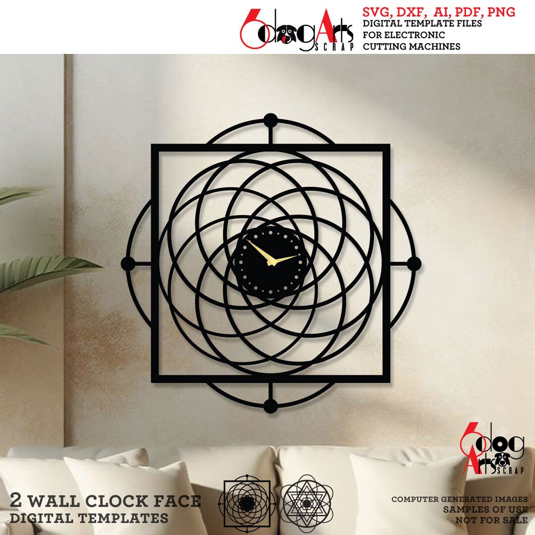 2 Geometric Wall Clock Face SVG DXF Templates Digital Vector Files ...