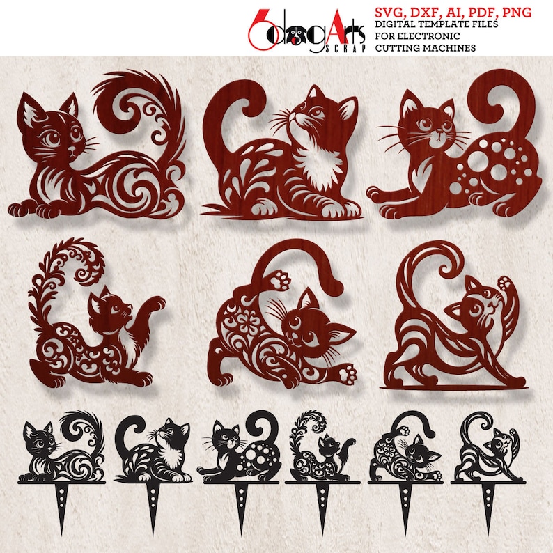 6(x2) Cat Garden Decor and Plant Stake Digital Templates Vector SVG DXF ...
