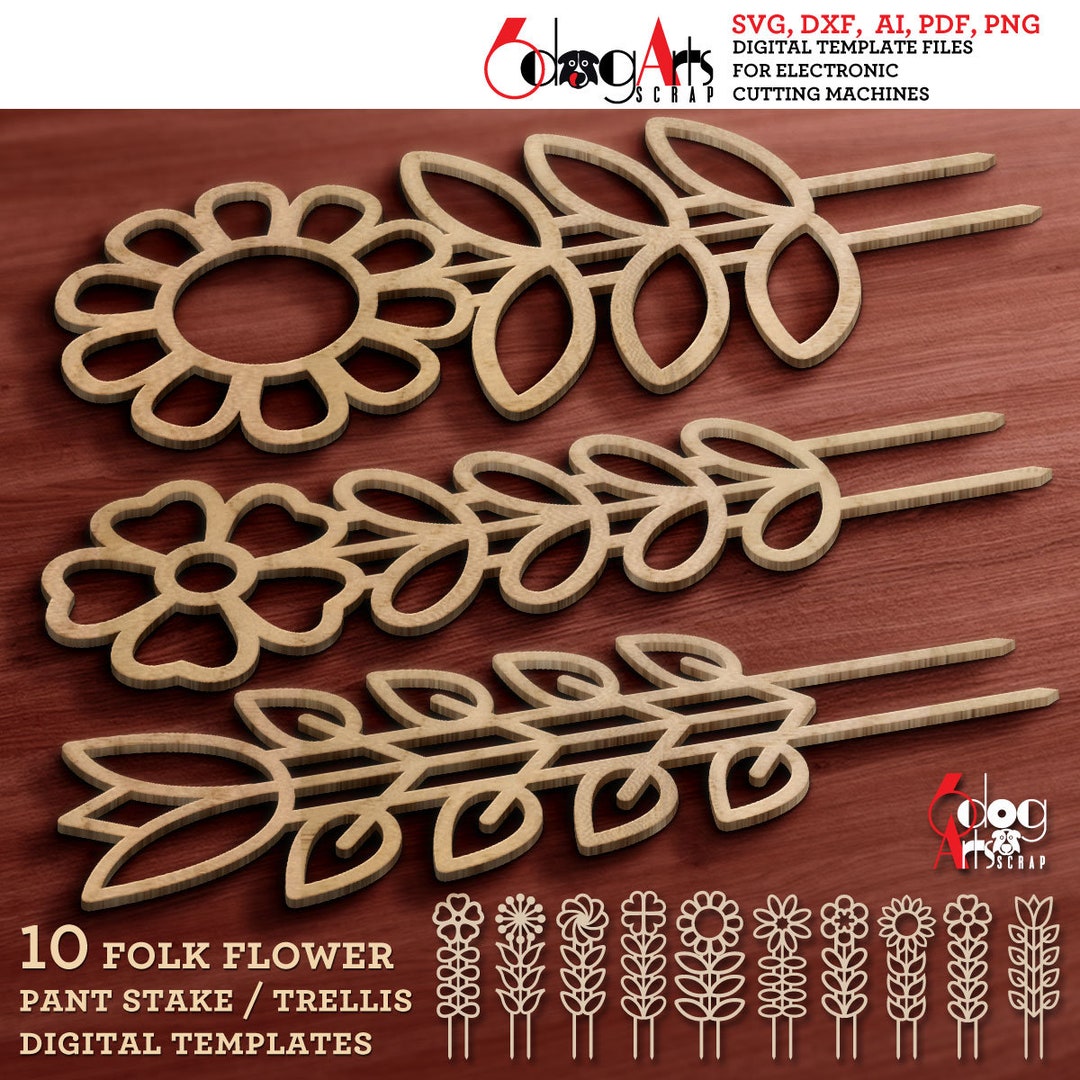 10 Folk Flower Plant Trellis Stake Templates Vector Digital SVG DXF ...