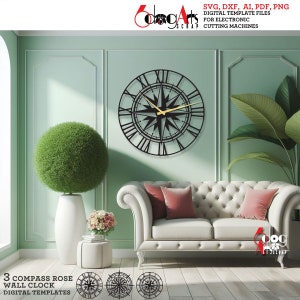 3x Compass Rose Wall Clock SVG DXF Templates Digital Vector Files ...