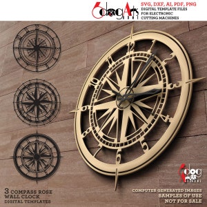 3x Compass Rose Wall Clock SVG DXF Templates Digital Vector Files ...