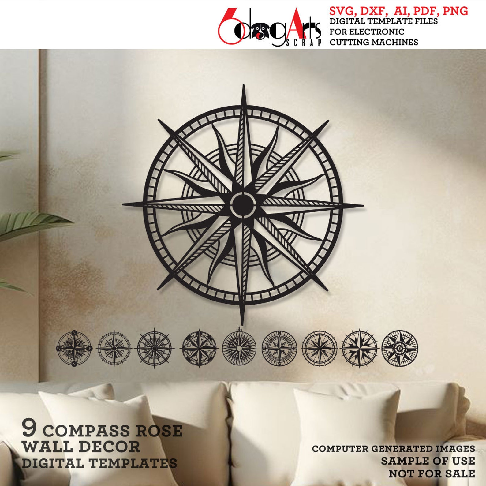 9x Compass Rose Wall Decor SVG DXF Templates Digital Vector Files ...