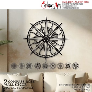 9x Compass Rose Wall Decor SVG DXF Templates Digital Vector Files ...